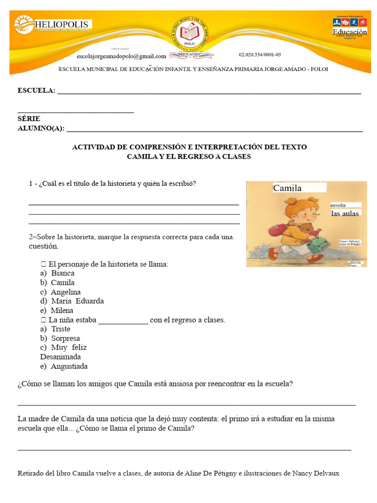 Actividad Sobre El Libro Camila y El Regreso A Clases | PDF