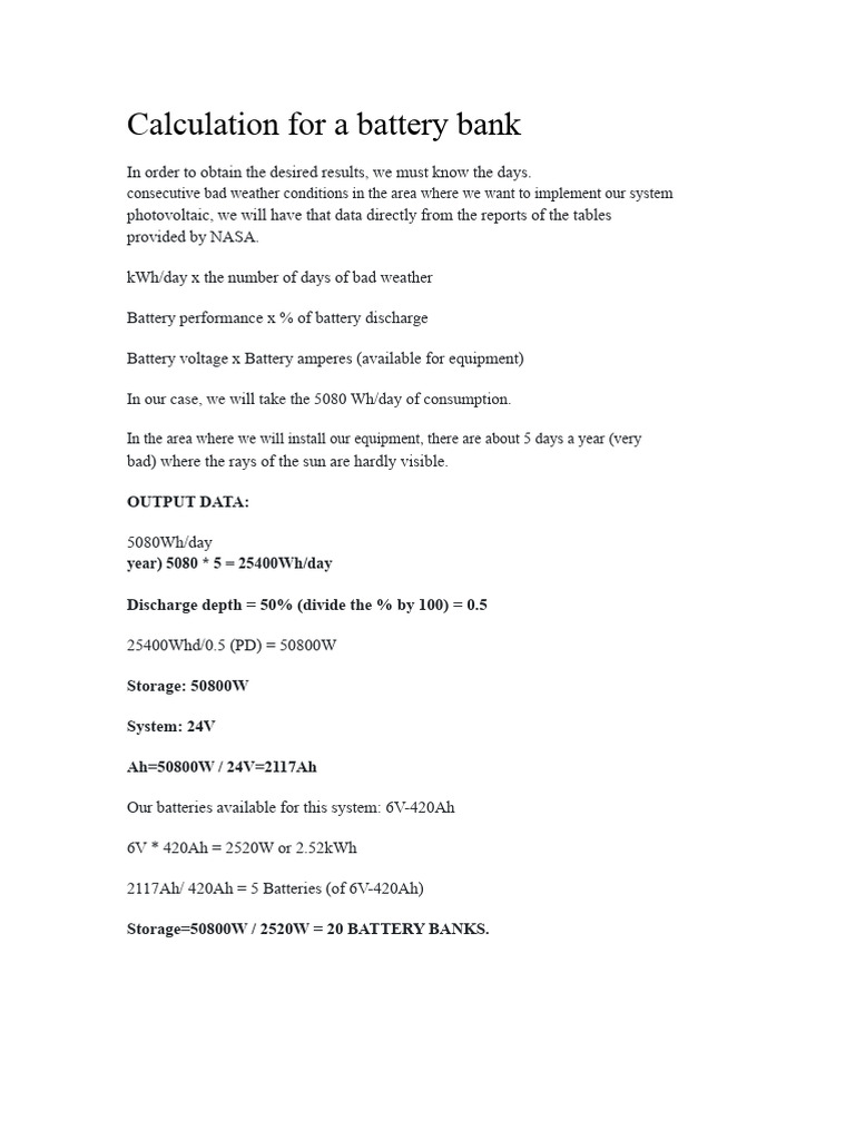 Battery Bank Sizing Calculation Guide | PDF