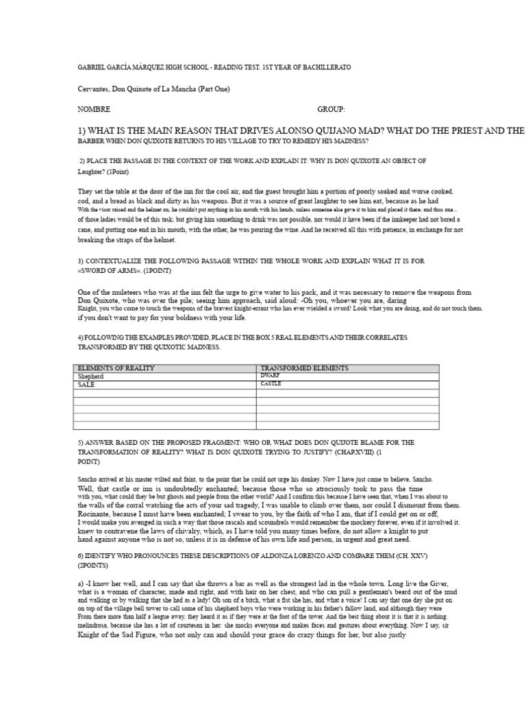 Reading Exam Don Quixote | PDF | Don Quixote