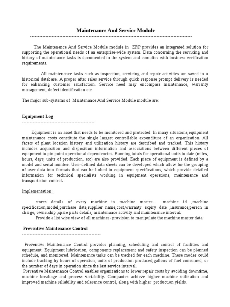 Maintenance and Service Module Overview | PDF | Enterprise Resource ...
