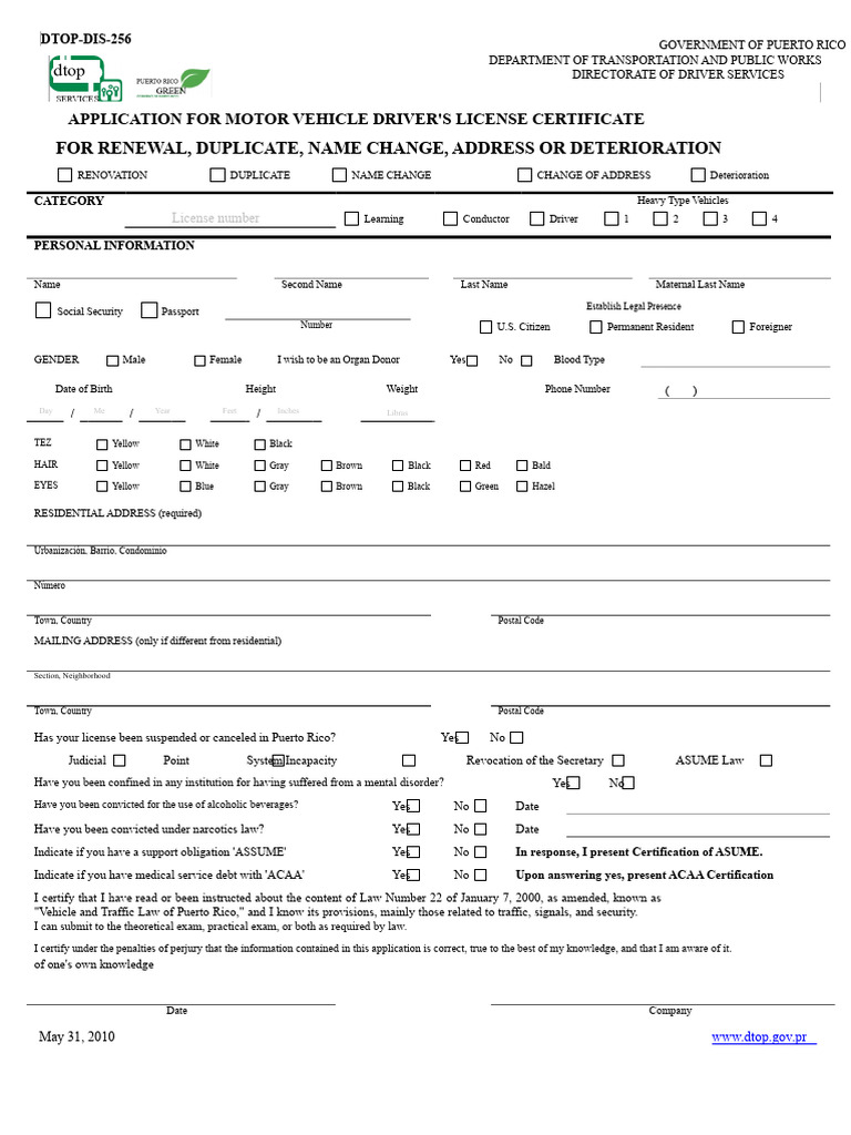 Dtop-Dis-256 Application For Driver's License Certificate For Motor Vehicles | PDF | Driver's ...