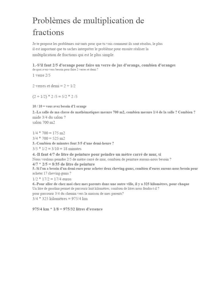Problèmes de Multiplication Et de Division de Fractions | PDF ...