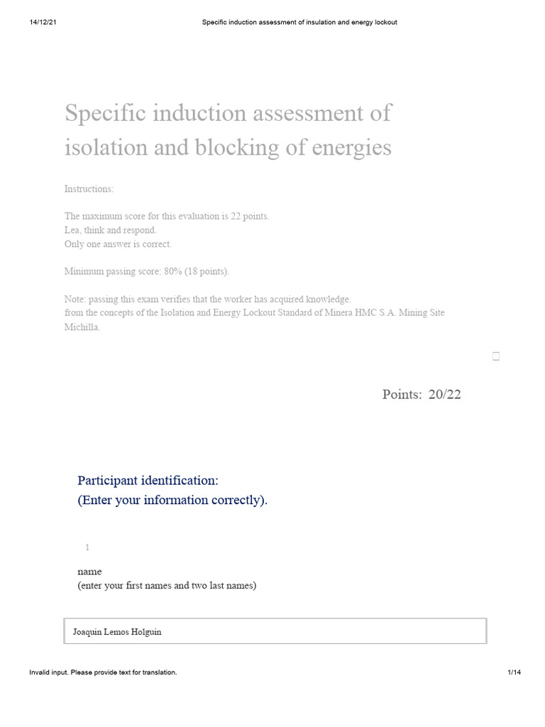 Specific Induction Assessment of Isolation and Energy Lockout | PDF ...