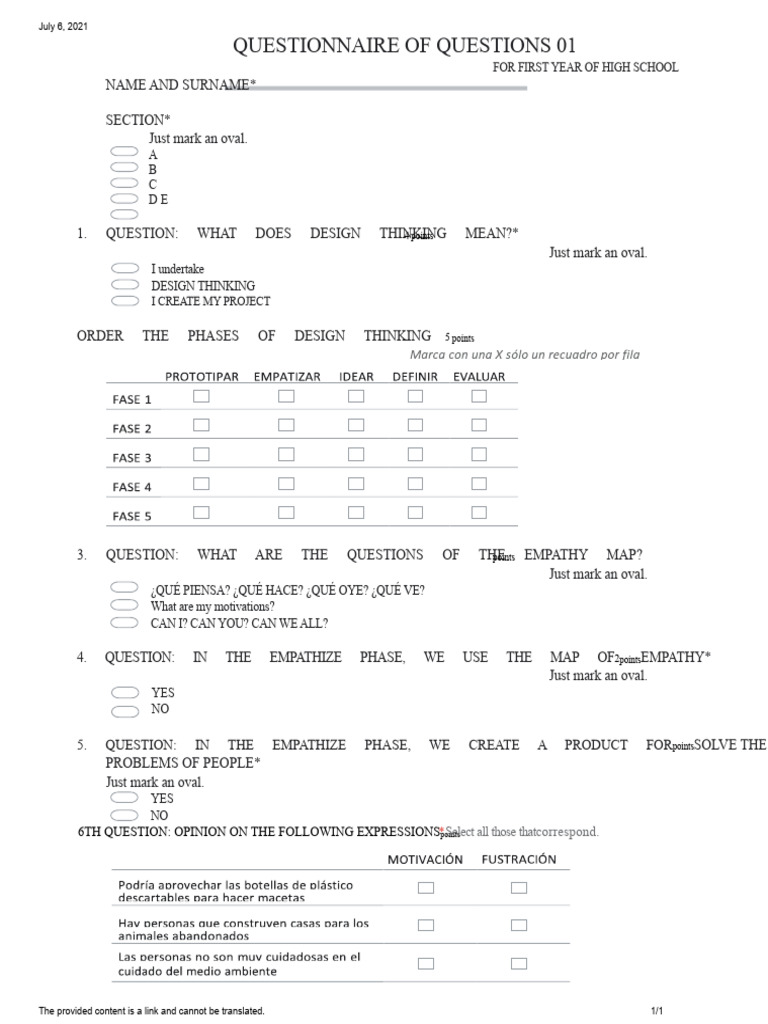 Questionnaire of Questions 01 | PDF