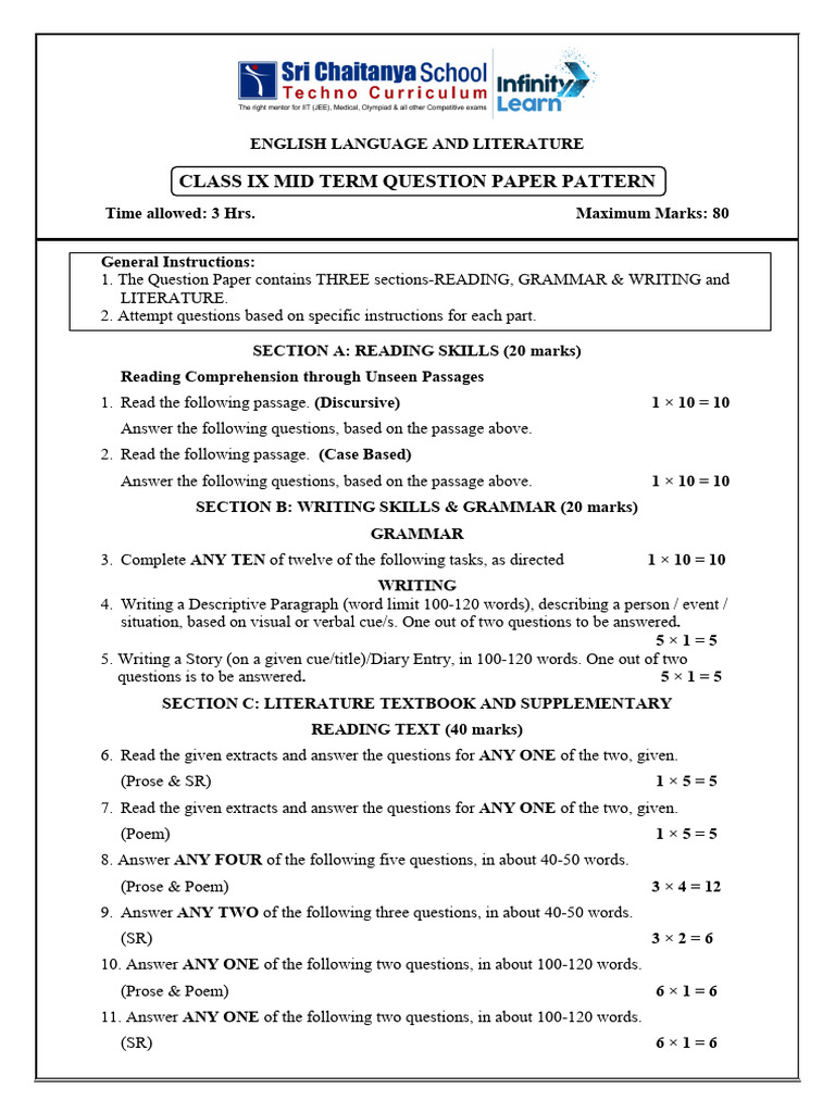 CBSE English Class 9 Mid Term Question Paper Pattern 2025 - 2026 | PDF | Chess Theory | Human ...