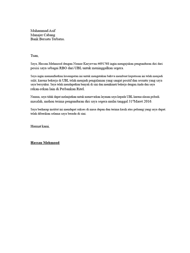 Contoh Surat Resign Sederhana | PDF