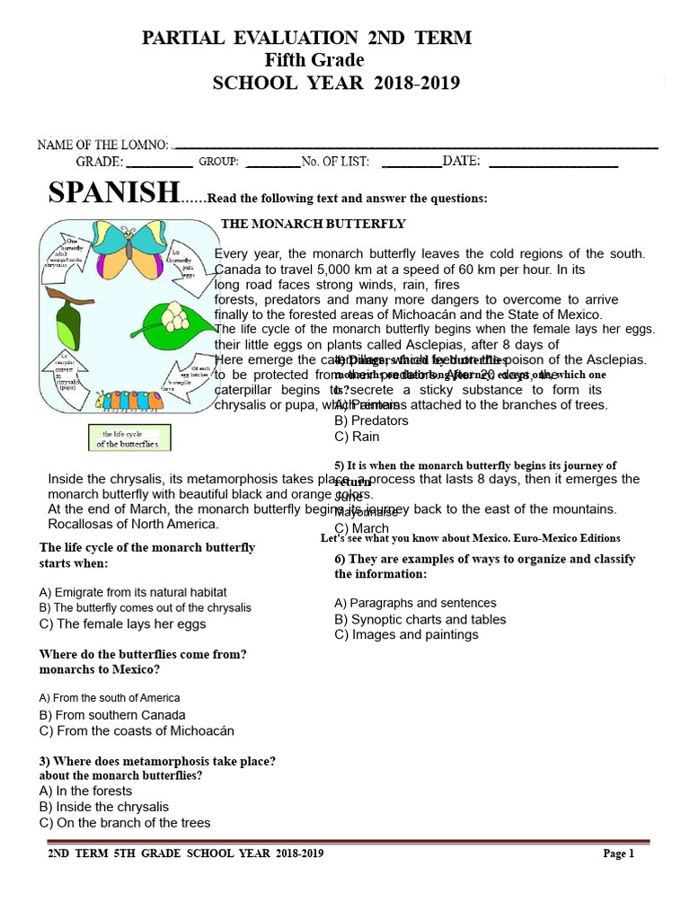 Fifth Grade Exam 2nd Trimester Spanish | PDF | Butterfly | Poetry