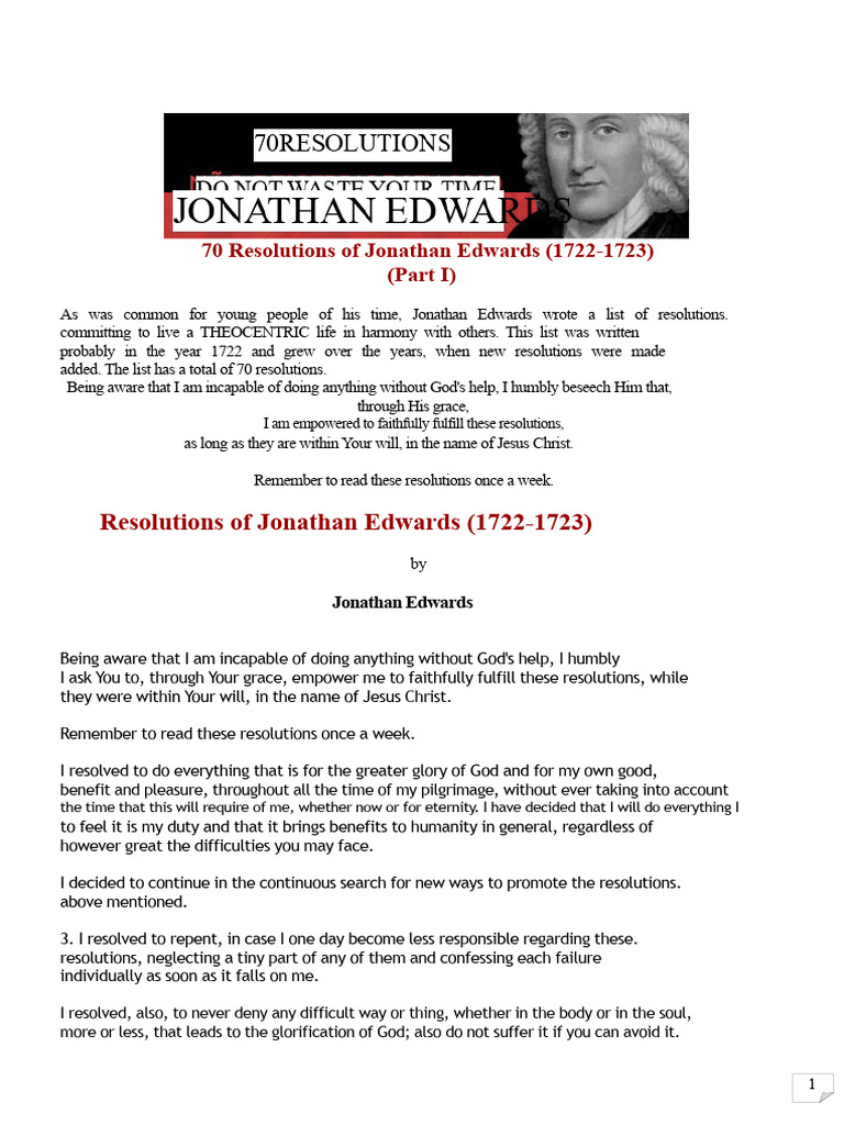 70 Resolutions of Jonathan Edwards | PDF | Jonathan Edwards (Theologian ...