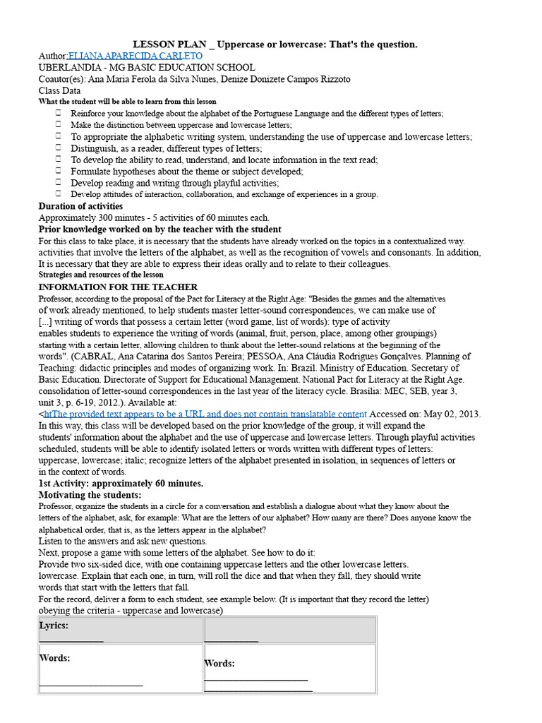 Lesson Plan - Uppercase or Lowercase That Is The Question | PDF ...