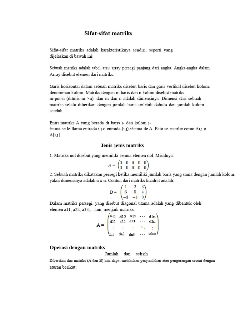Sifat dan Operasi Matriks Dasar | PDF