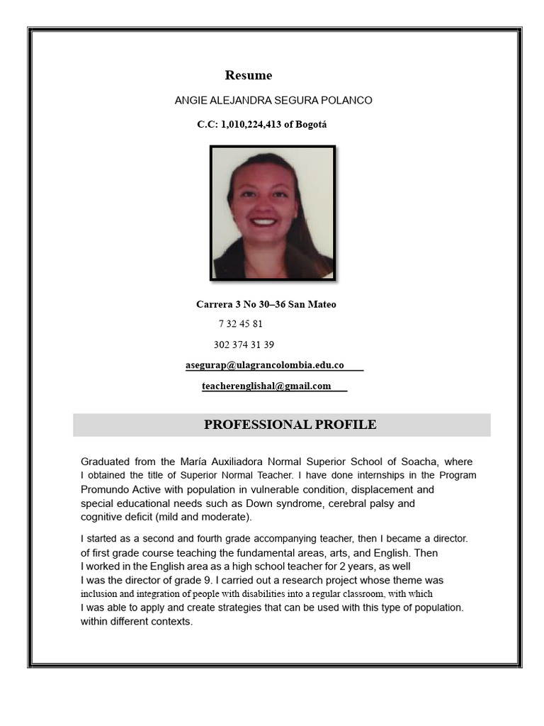 Resume Angie Segura PDF (2019) | PDF | Teachers | Educational Stages