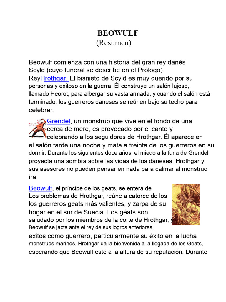 Beowulf es un poema épico anglosajón que narra las hazañas del héroe Beowulf, quien lucha contra ...