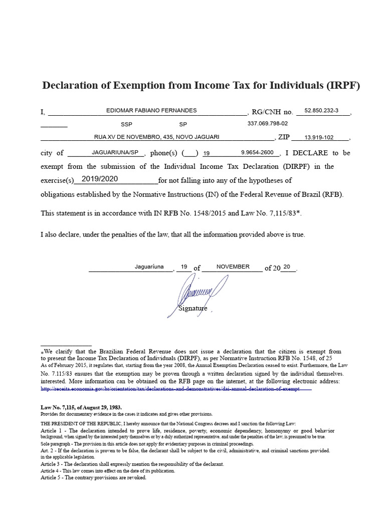 Declaration of Exemption From Personal Income Tax Document | PDF ...