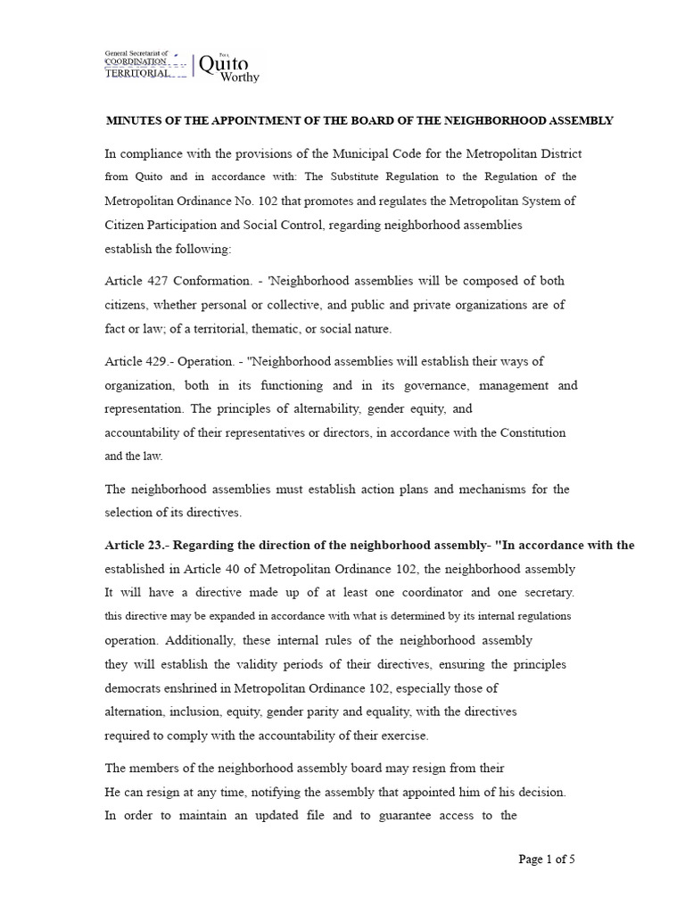 Minutes of Designation of The Neighborhood Assembly Board | PDF | Local ...