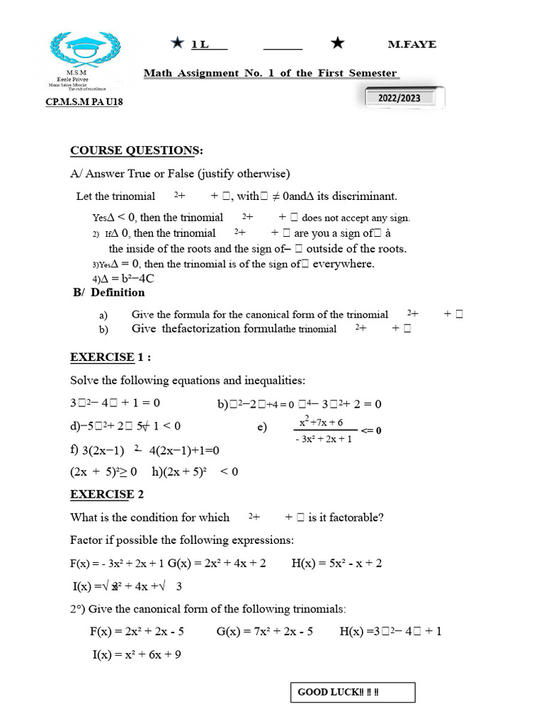 Homework N1 Maths 1L2 | PDF