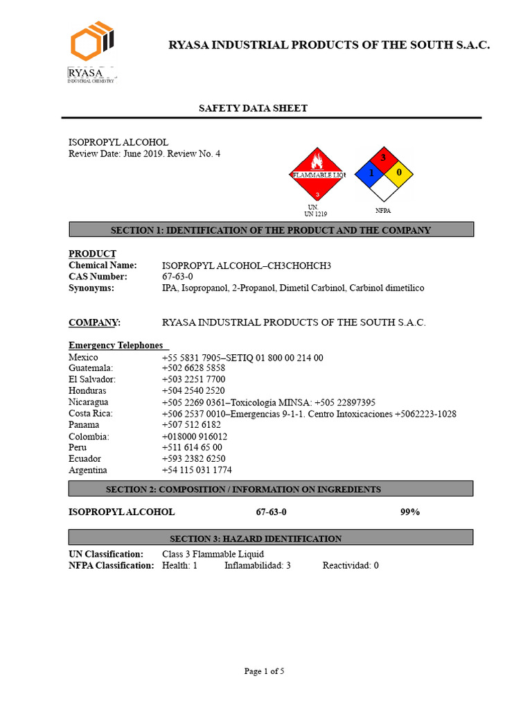 Isopropyl Alcohol Safety Data Sheet | PDF | Combustion | Fires