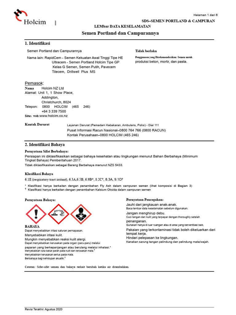 Lembar Data Keselamatan Untuk Semen Portland Holcim | PDF