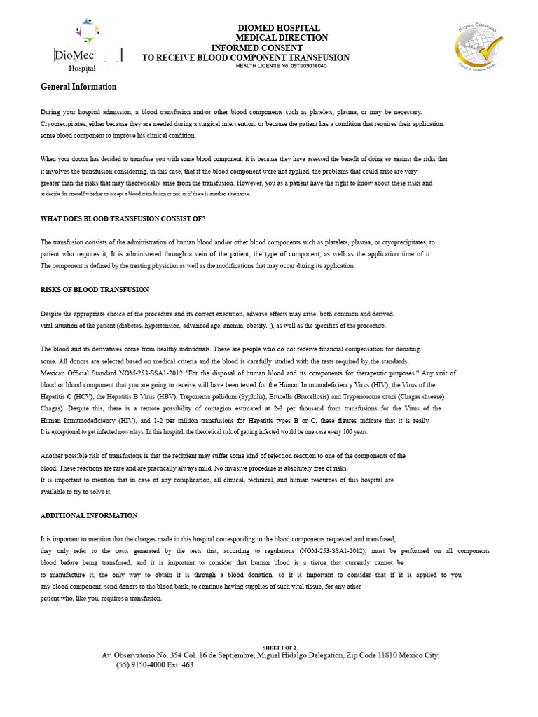 Informed Consent for Blood Transfusion | PDF | Blood Transfusion ...