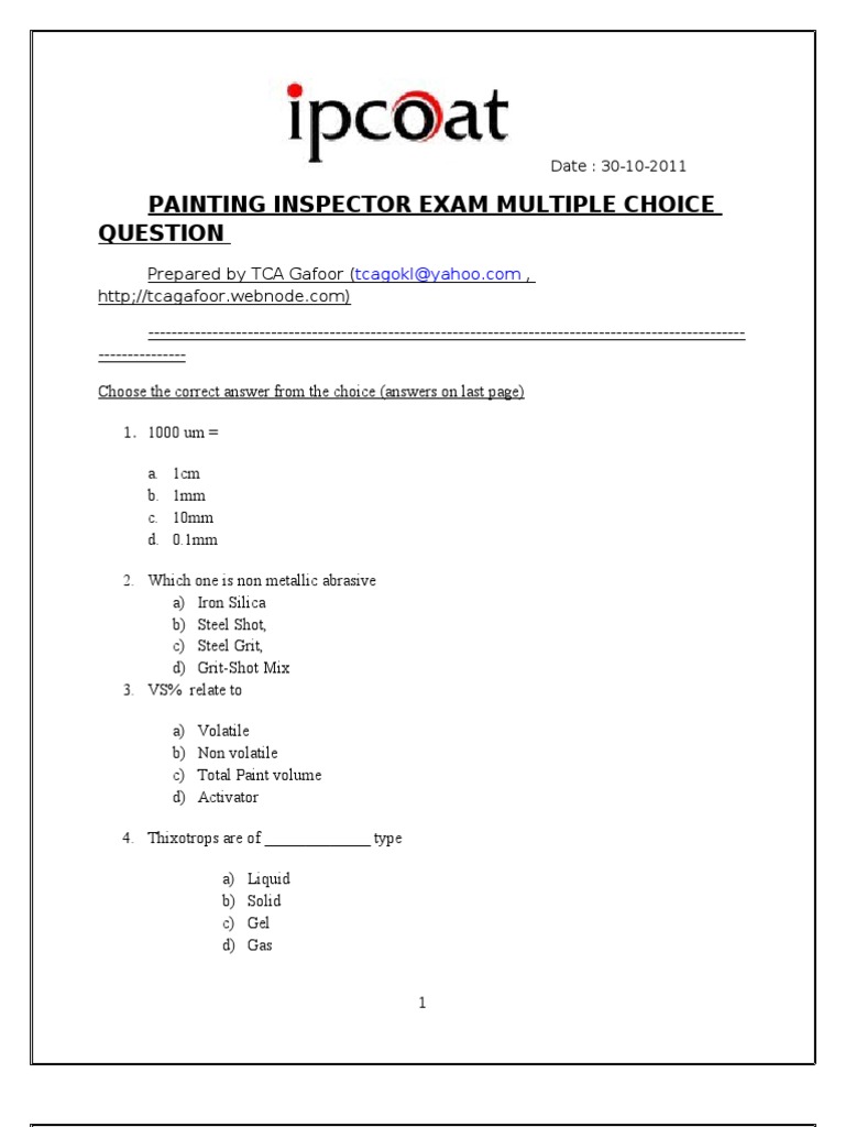 Bgas Painting Inspection Grade 2 Multiple Choice Pdf Rust Paint