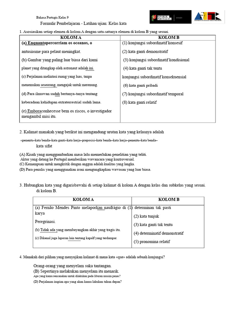 Latihan Kelas Kata Bahasa Portugis Kelas 9 | PDF