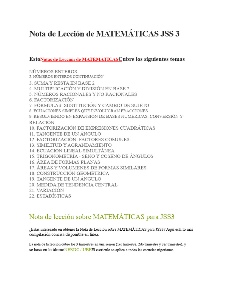 Nota de Lección de MATEMÁTICAS JSS 3 | PDF | Interés | Factorización