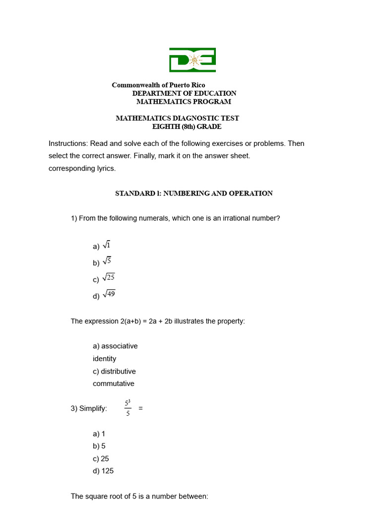 Eighth Grade Diagnostic Test | PDF | Triangle | Numbers