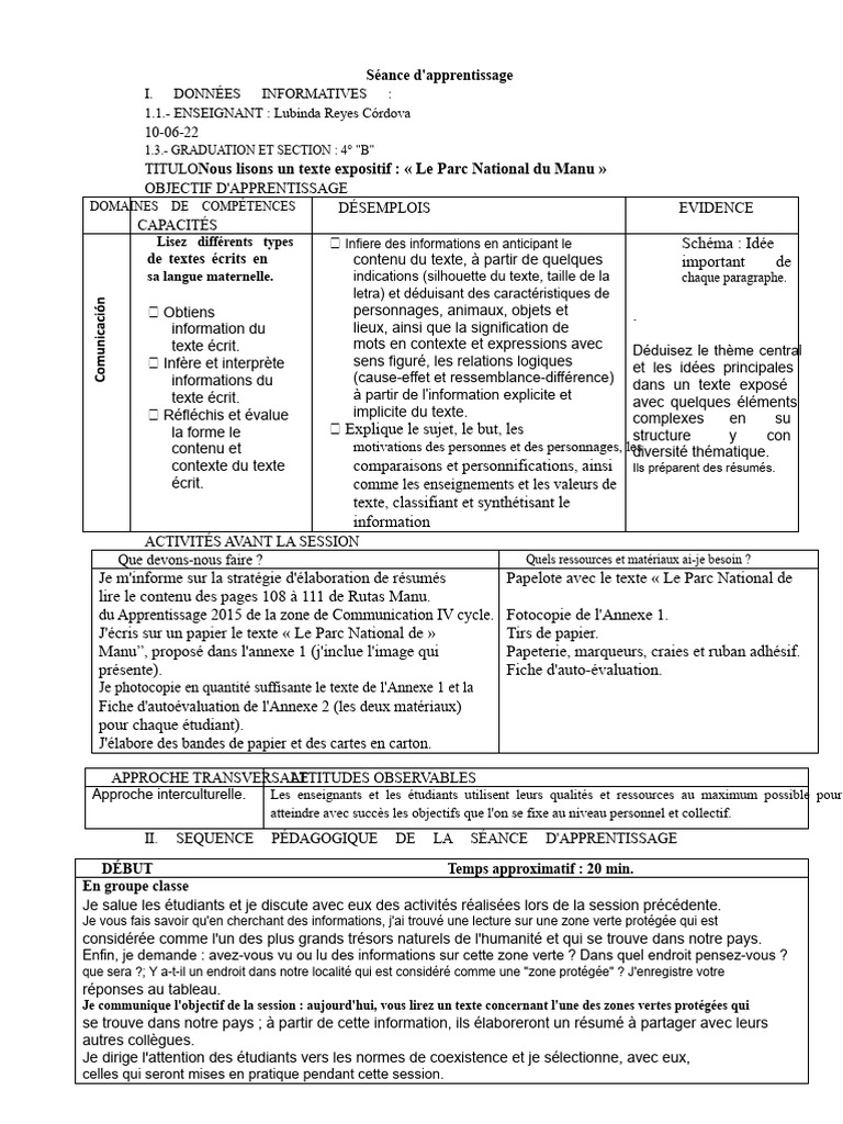 Lecture et résumé du Parc National du Manu | PDF | Apprentissage
