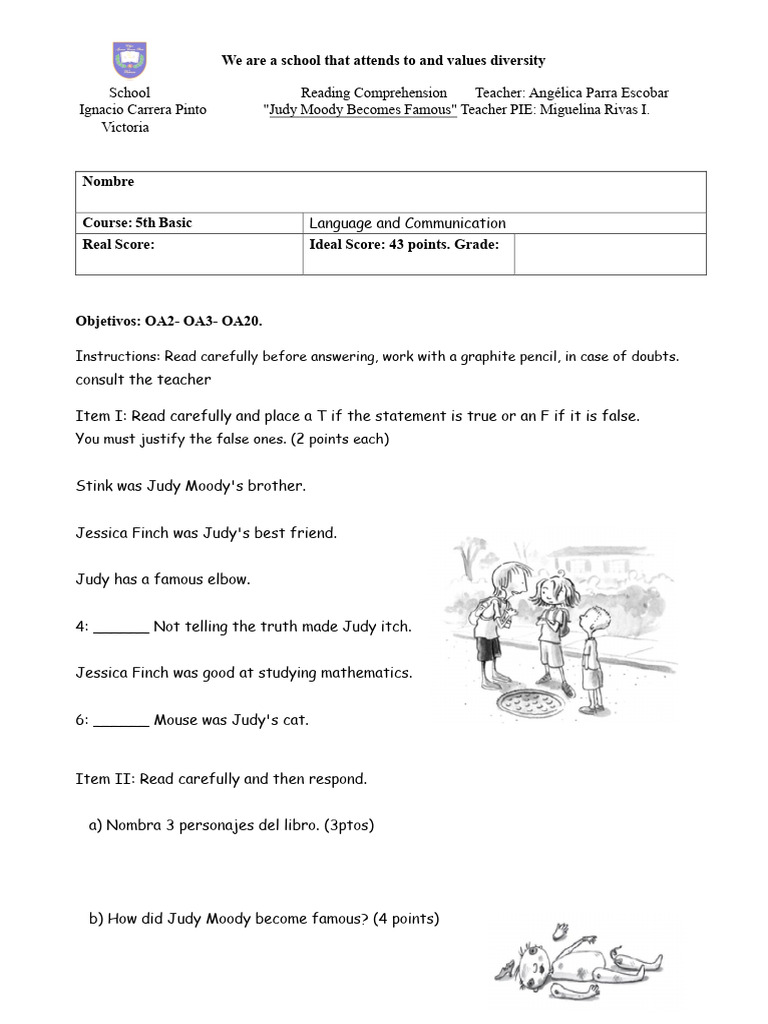 Judy Moody Reading Comprehension Quiz | PDF