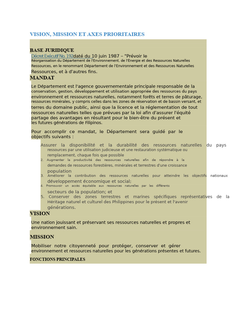 Vision et Mission du DENR aux Philippines | PDF | Environnement naturel ...