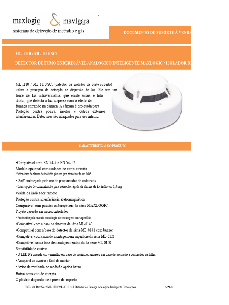 Detector de Fumaça Analógico Maxlogic | PDF