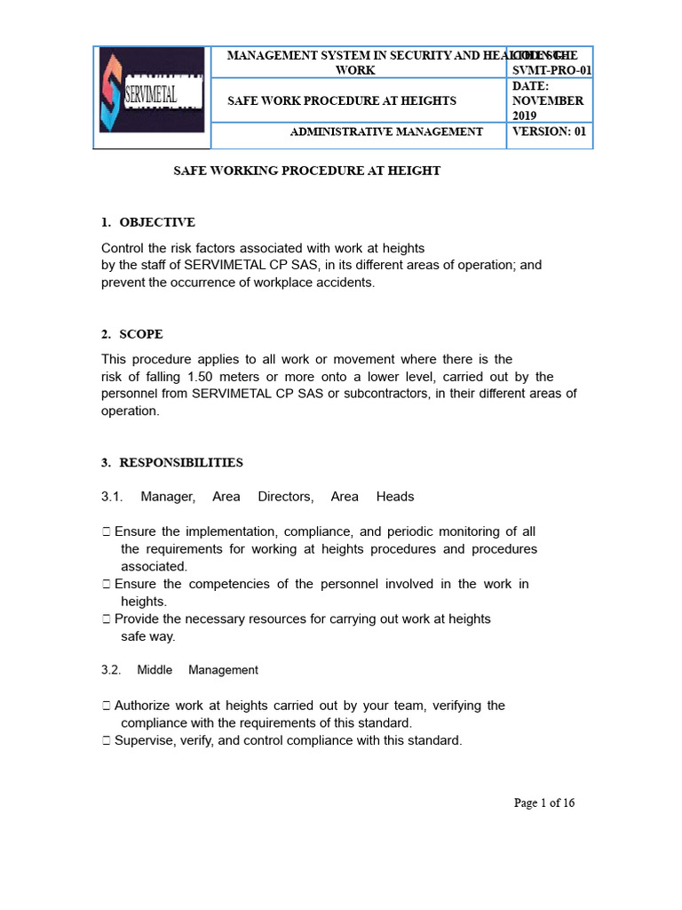 Safe Work Procedures for Heights | PDF | Occupational Safety And Health ...