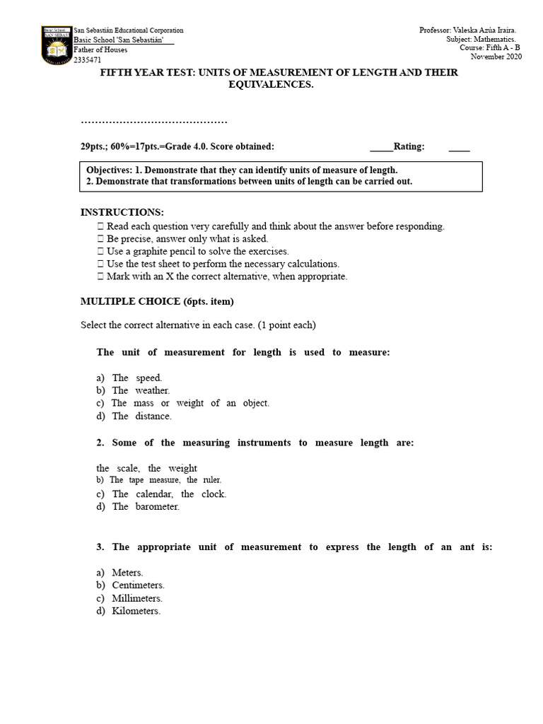 5th Grade A - Math - Test - Units - of - Measure - Nov - 23 - To - Dec ...