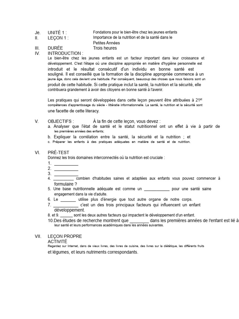 Santé, Nutrition Et Sécurité - UNITÉ 1 Leçons 1 Et 2 | PDF ...