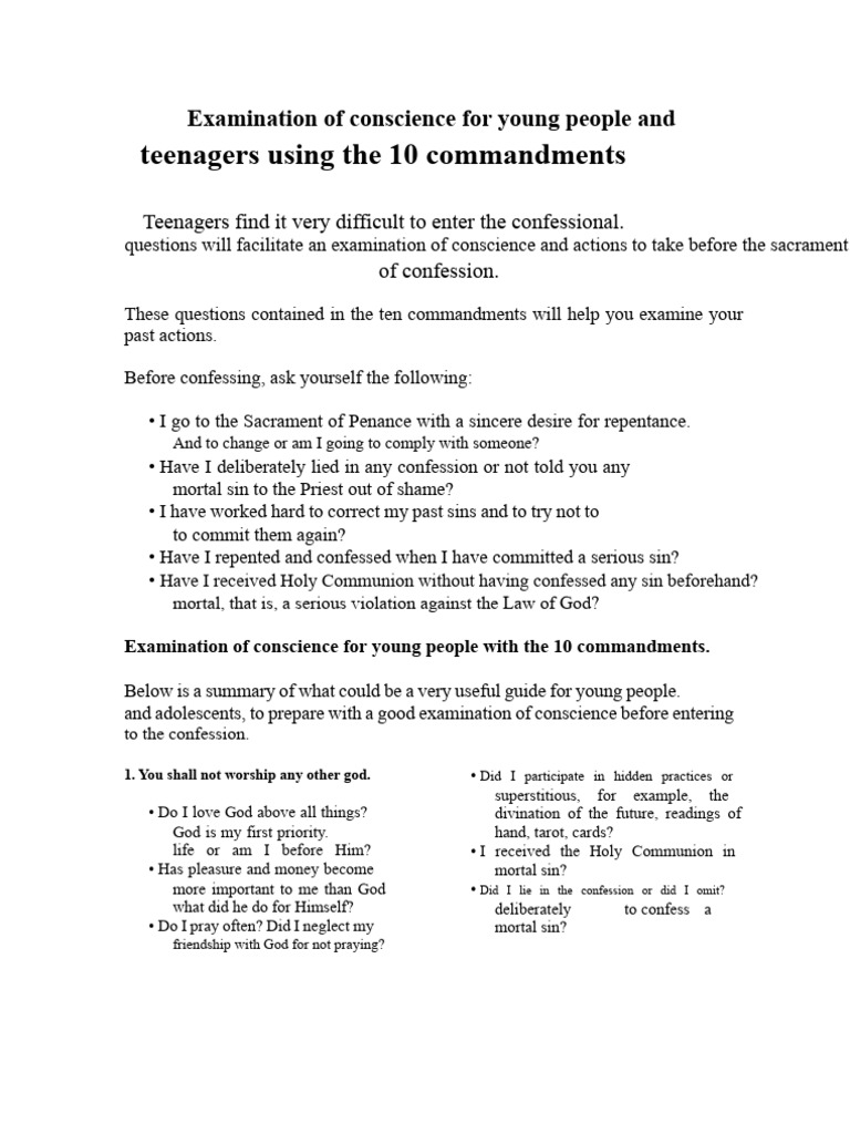 Examination of Conscience For Young People and Adolescents Using The 10 ...