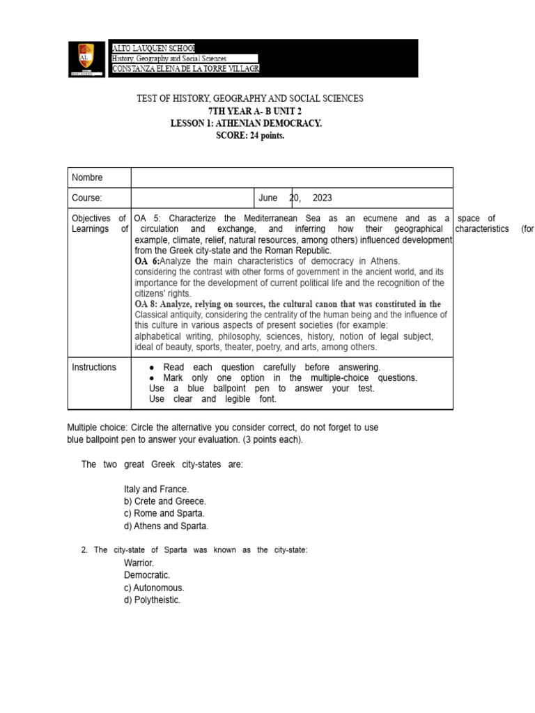 7TH GRADE - UNIT 2 ASSESSMENT - LESSON 1 - Greek Culture. | PDF ...