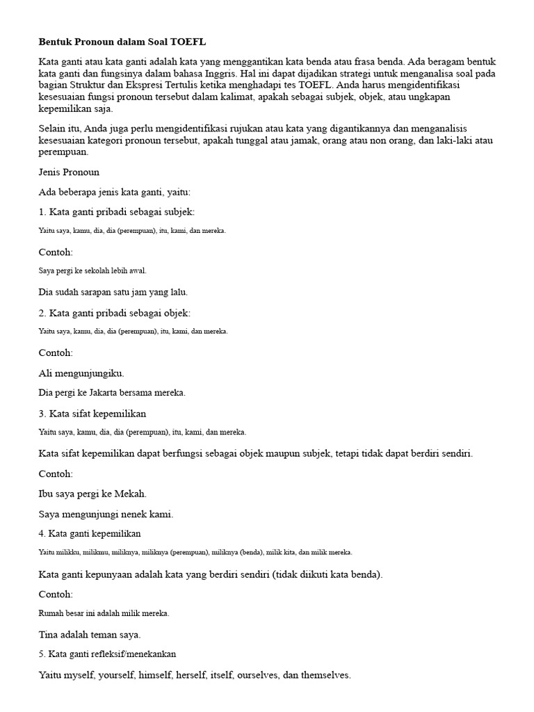 Bentuk Pronoun untuk Soal TOEFL | PDF