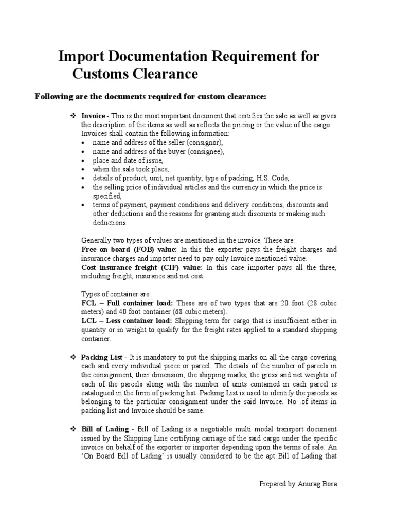 Import Documentation Requirement For Customs Clearance | PDF | Cargo ...