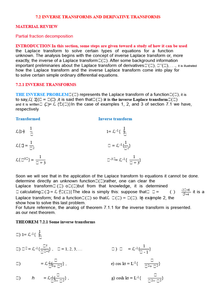 Sec 7 2 Inverse Transforms And Derivative Transforms Pdf Laplace