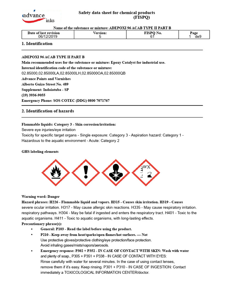 ADEPOXI 96 ACAB TYPE II Safety Data | PDF | Toxicity | Personal ...