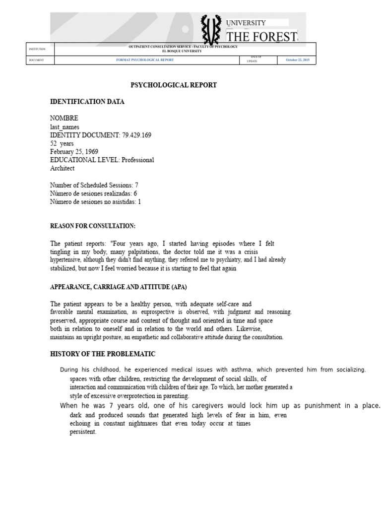 Psychological Report: Outpatient Consultation | PDF | Anxiety ...