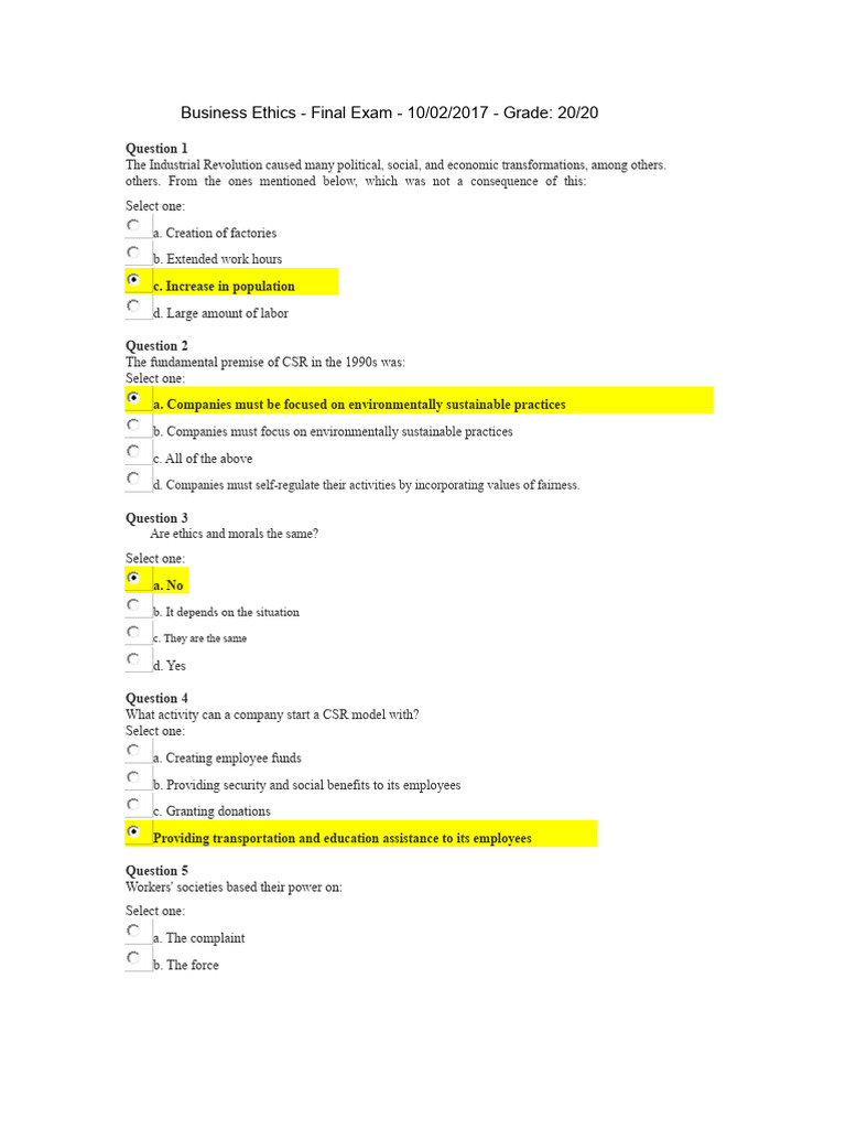 Business Ethics Final Exam | PDF | Corporate Social Responsibility ...