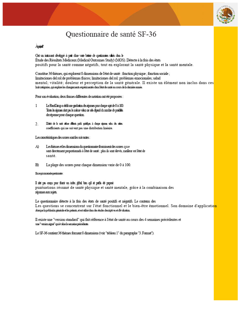 Questionnaire de santé SF-36 : Utilité et dimensions | PDF | Douleur ...