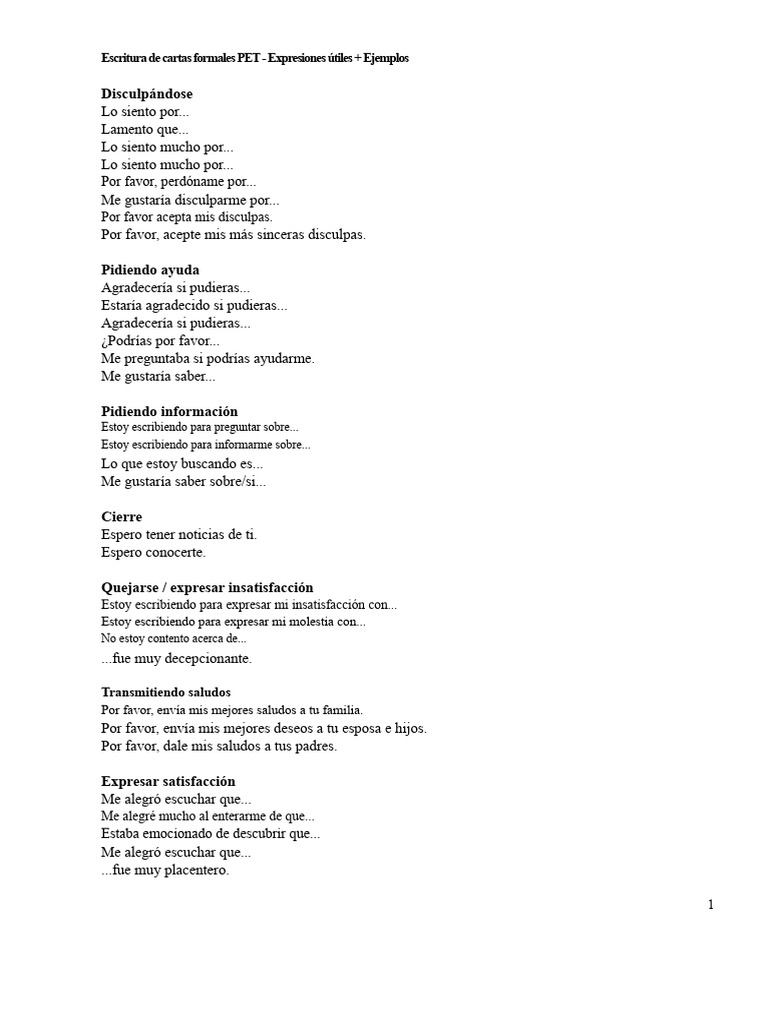 Expresiones para Cartas Formales PET | PDF | Nadando