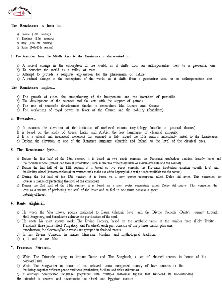 Renaissance and Classicism Exam | PDF | Divine Comedy | Renaissance
