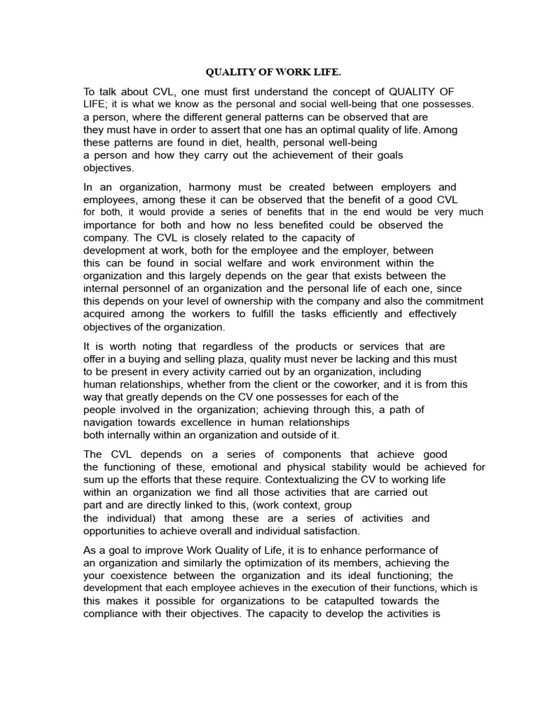 Quality of Working Life. Essay | PDF | Well Being | Employment