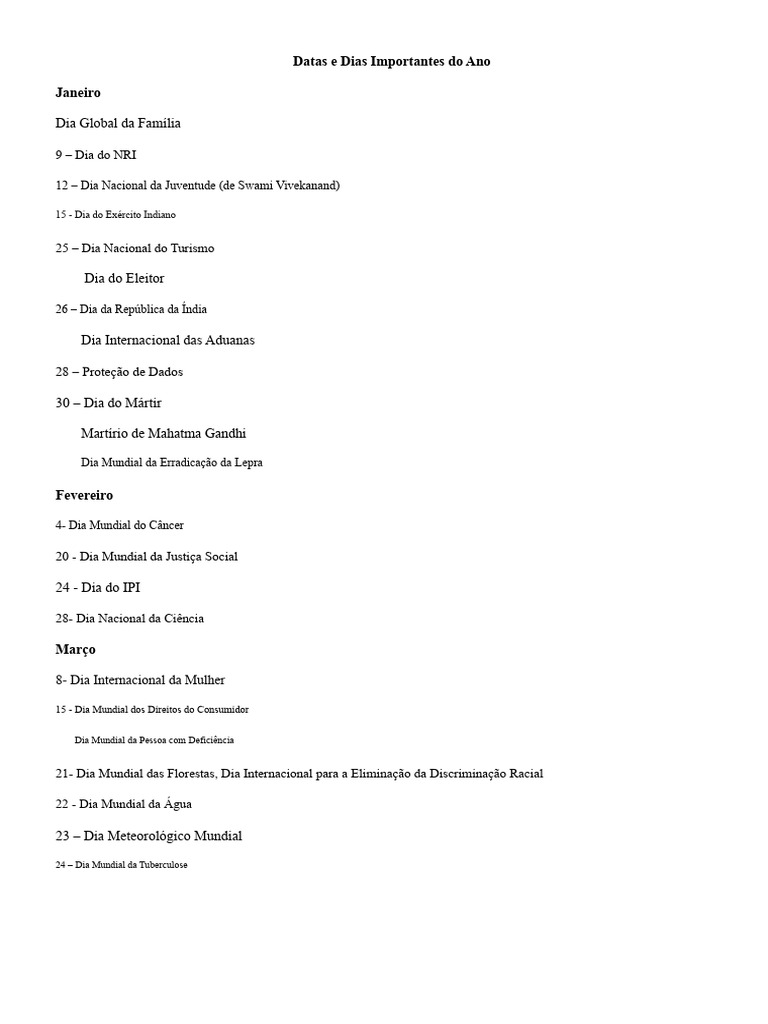 Datas Comemorativas e Importantes do Ano | PDF | Nações Unidas ...