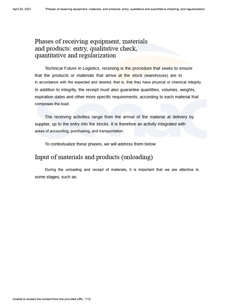 Phases of Receiving Equipment, Materials, and Products: Entry, Qualitative and Quantitative ...