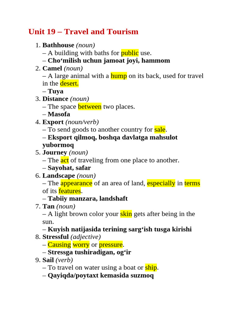 Travel and Tourism Vocabulary Guide | PDF