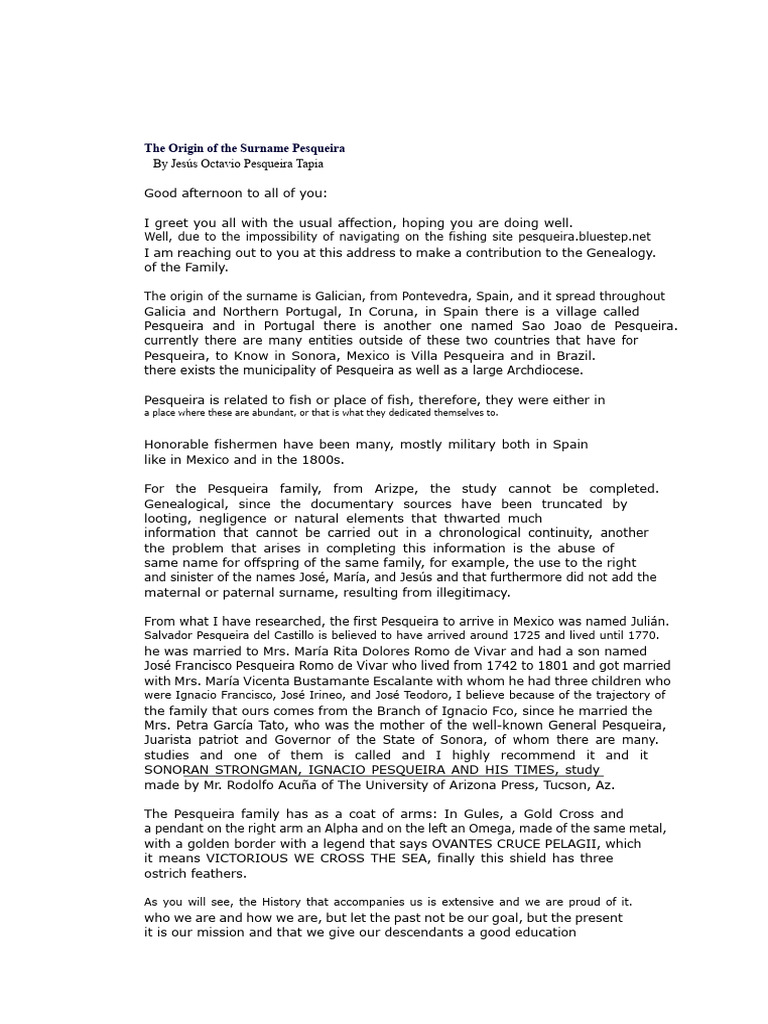 Origin and History of Pesqueira Surname | PDF | Sonora | Mexico