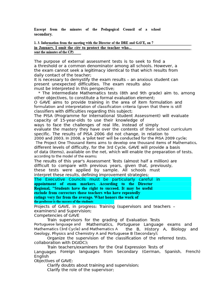 Excerpt From The Minutes of The Pedagogical Council of A Secondary ...
